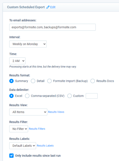 Custom Scheduled Export Days & Times - Formsite