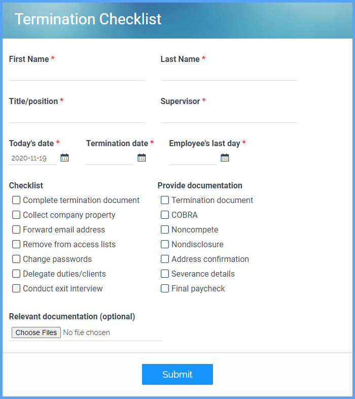 Termination Checklist Form Formsite