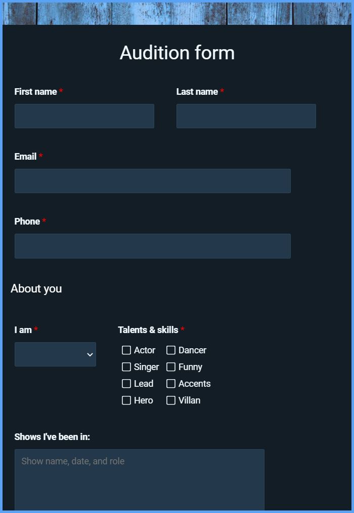 Audition Form Template Formsite