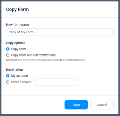 Copy Form With or Without Settings and Integrations - Formsite