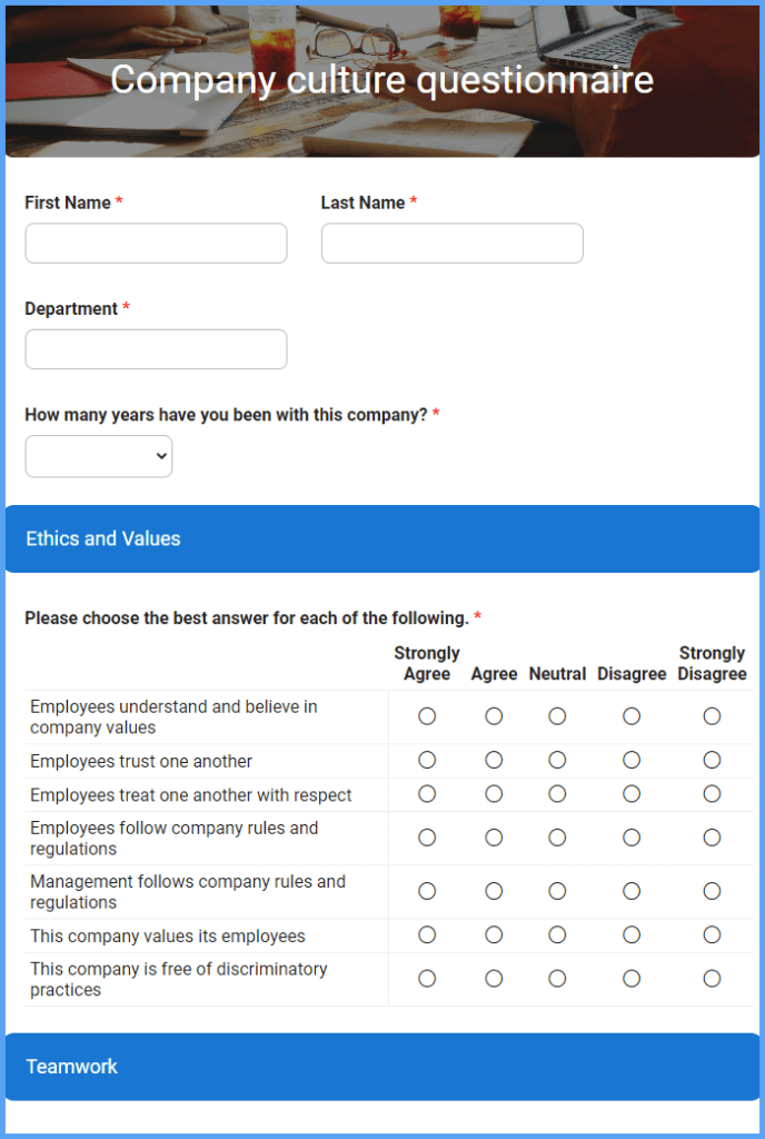 Company Culture Evaluation Form Template | Formsite