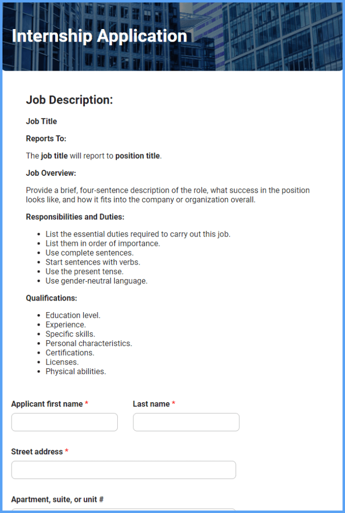 Internship Application Form Template | Formsite
