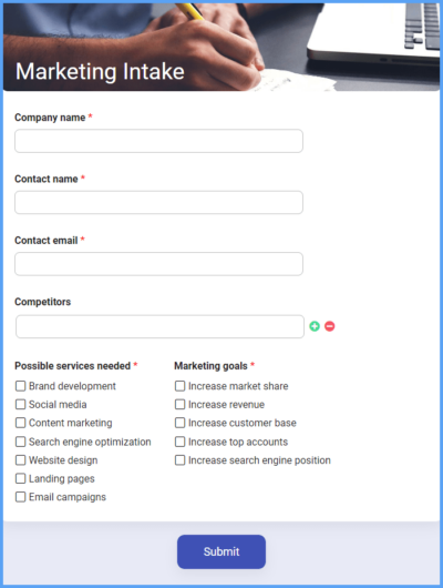 Marketing Intake Form Template | Formsite