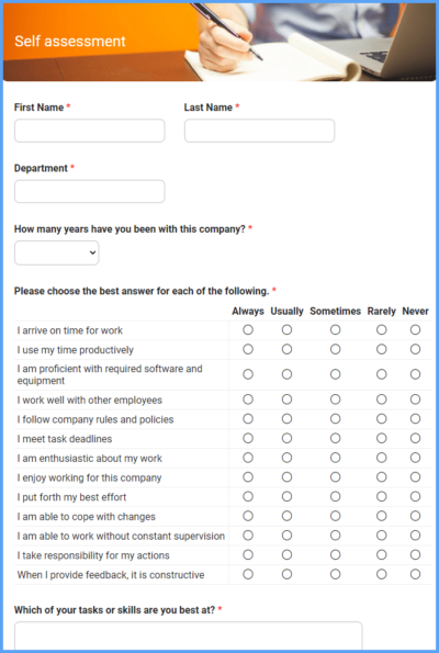 Self Assessment Form Template | Formsite