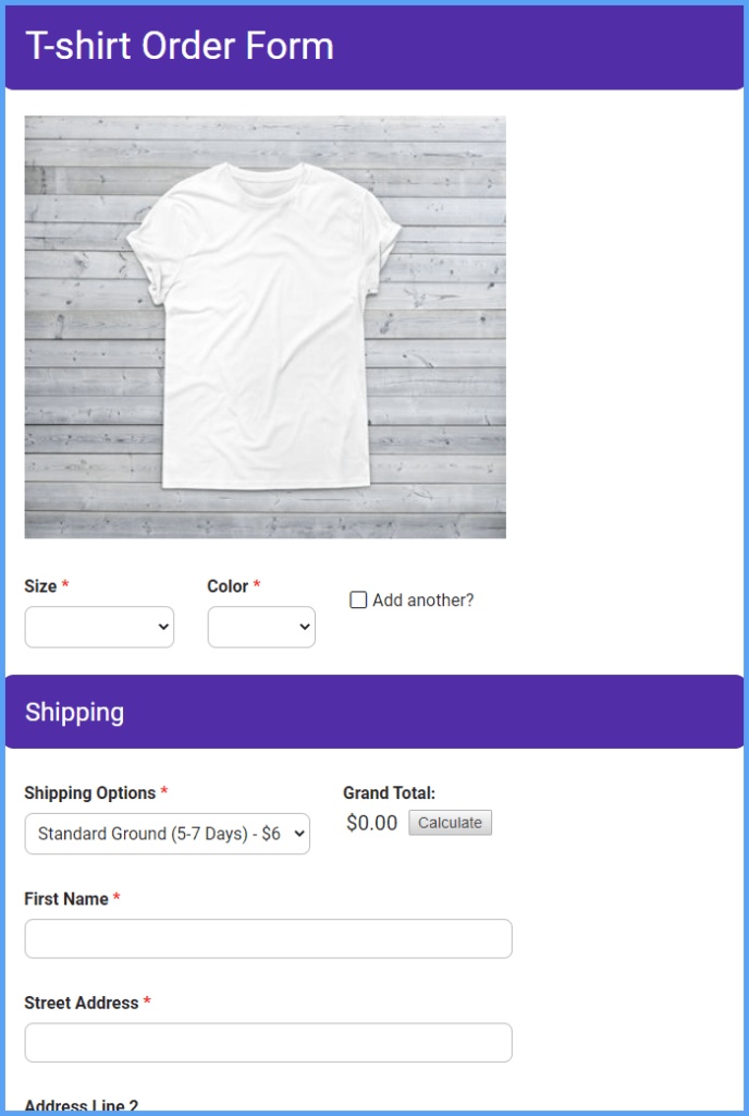 T-shirt Order Form Template | Formsite