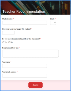 Teacher Recommendation Form Template | Formsite