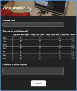 Work Availability Form Template | Formsite