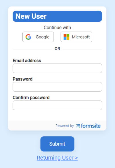 Show Save & Return Signup or Login Page - Formsite