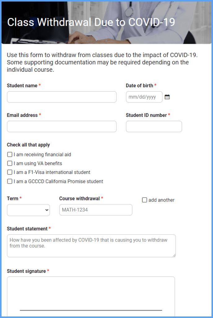 Course Withdrawal Due to COVID-19 Form Template | Formsite