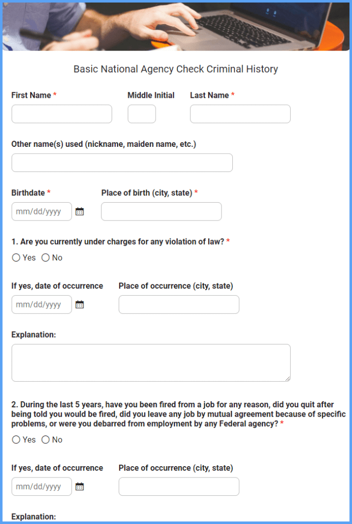 Criminal History Record Form Template | Formsite
