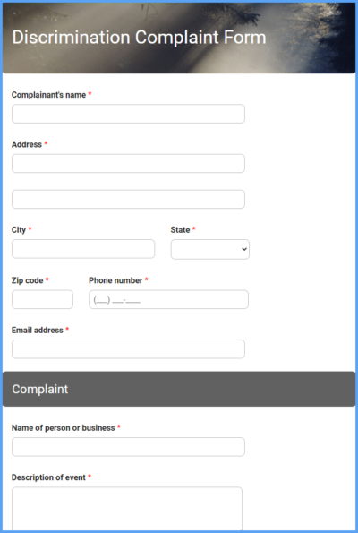 Discrimination Complaint Form Template | Formsite