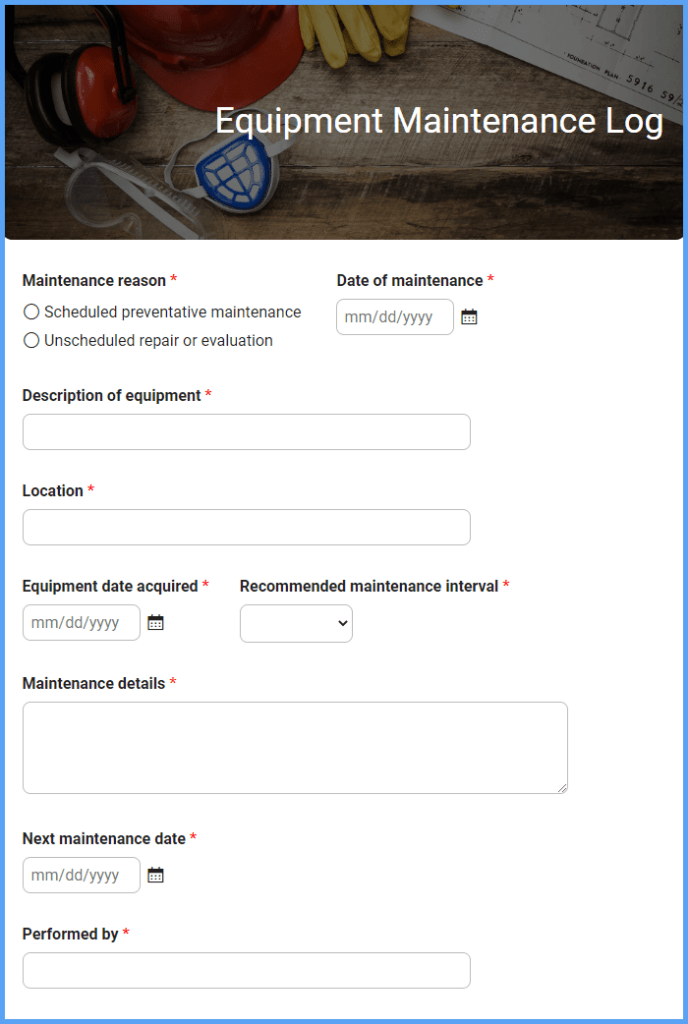Equipment Maintenance Log Form Template | Formsite