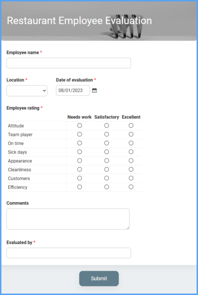 Restaurant Employee Evaluation Form Template | Formsite