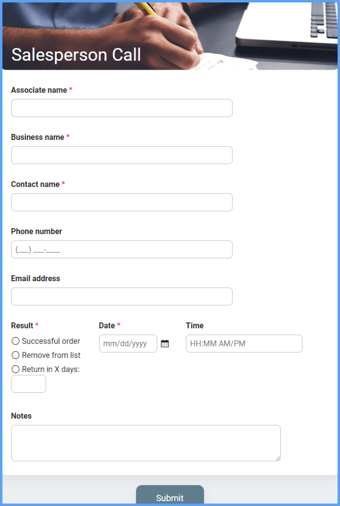 Salesperson Call Form Template | Formsite