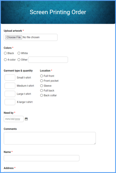 Screen Printing Order Form Template | Formsite