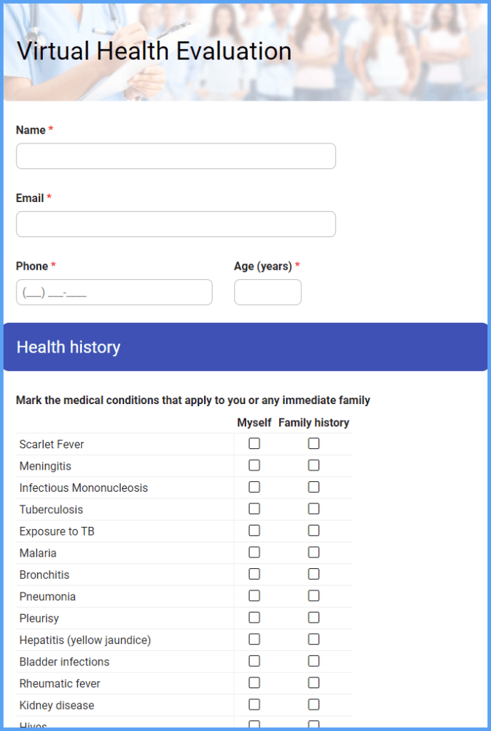 Virtual Health Evaluation Form Template | Formsite