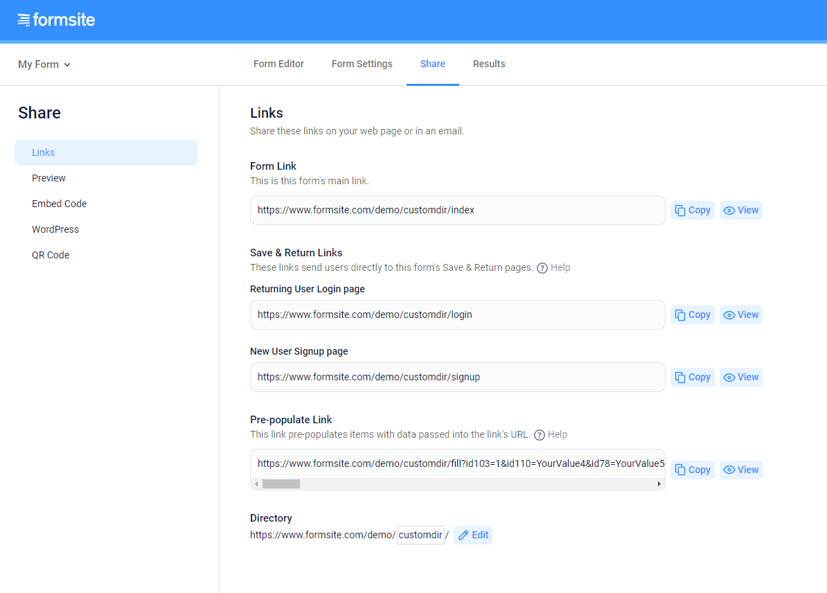 Form Links and Codes on the Share Page - Formsite